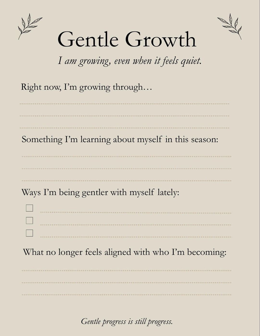 Gentle Growth Reflection Page | Printable Self-care Journal Page ...