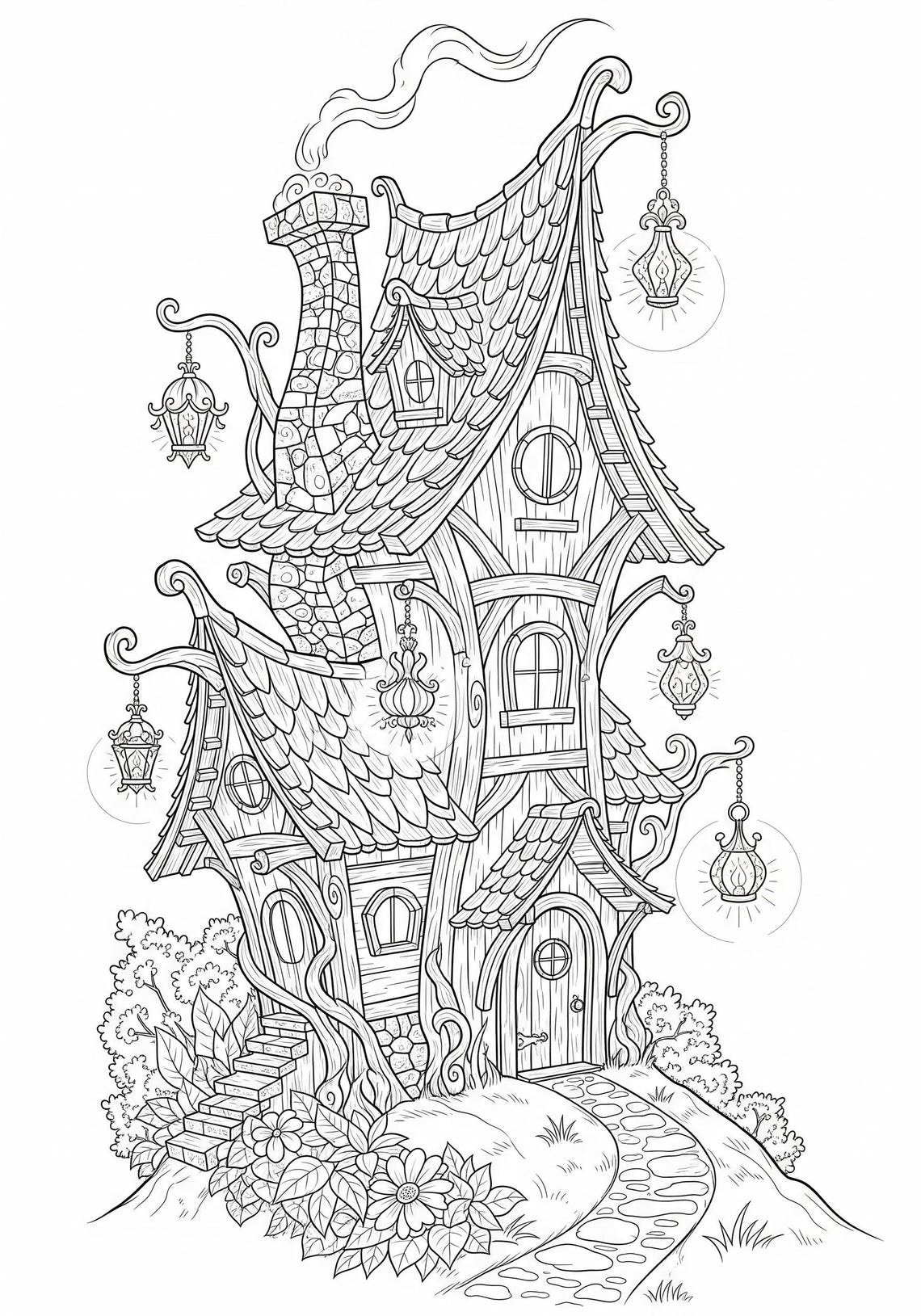 Fairy Cottage Coloring Page – Whimsical House Illustration (digital ...