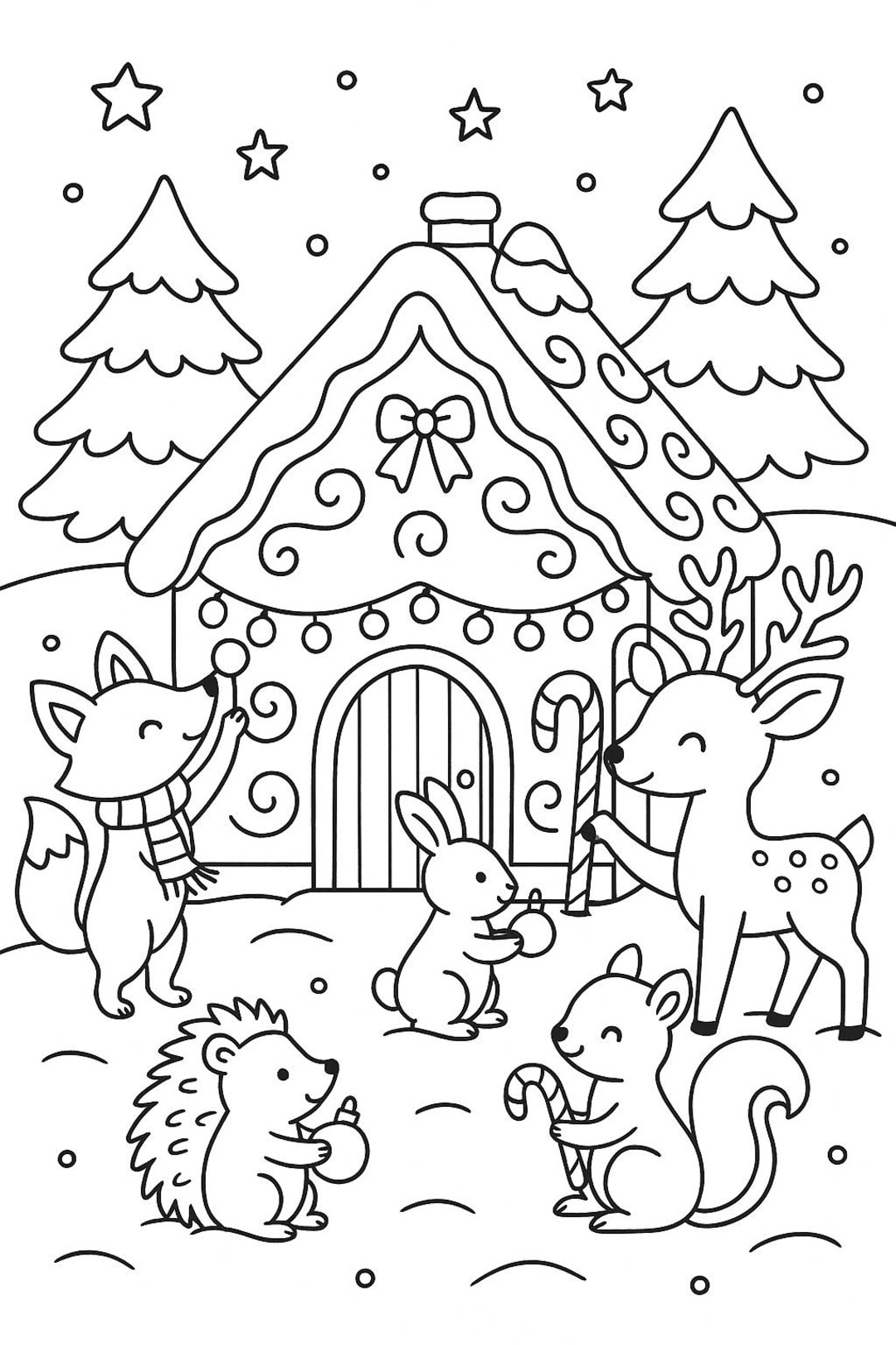 Woodland Animals Christmas Coloring Page • Gingerbread House (PNG ...