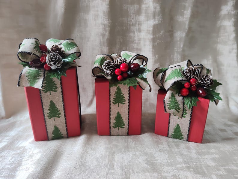 Set of 3 Solid Wood Christmas Presents, Christmas Decor, See Color ...