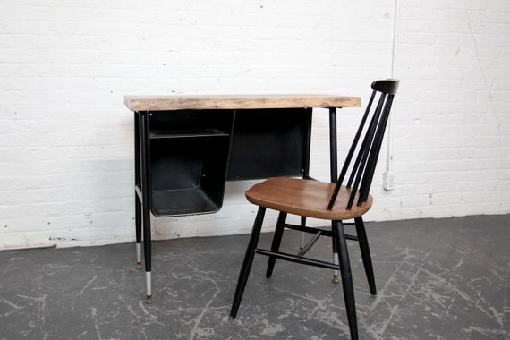 Vintage MCM Black Metal Small School Writing Desk W Walnut Top Free Delivery Only in NYC and Hudson Valley Areas Etsy