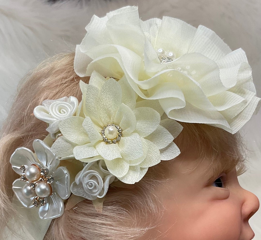 Beautiful Ivory Handcrafted Headband Sz Newborn to 3 Mo. Baby or Reborn ...