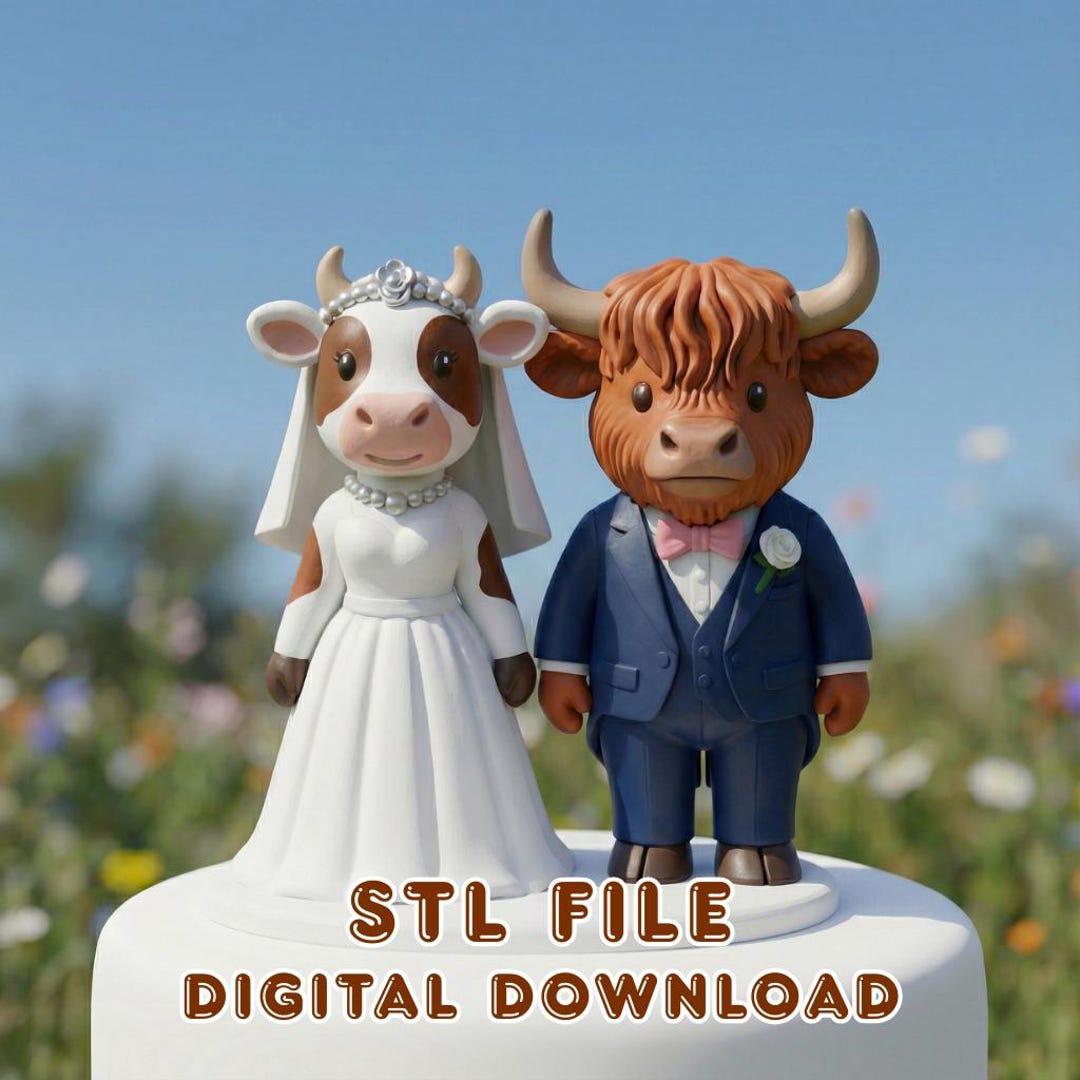 Highland Cow Wedding Cake Topper STL • Bride & Groom Animals • Cute ...