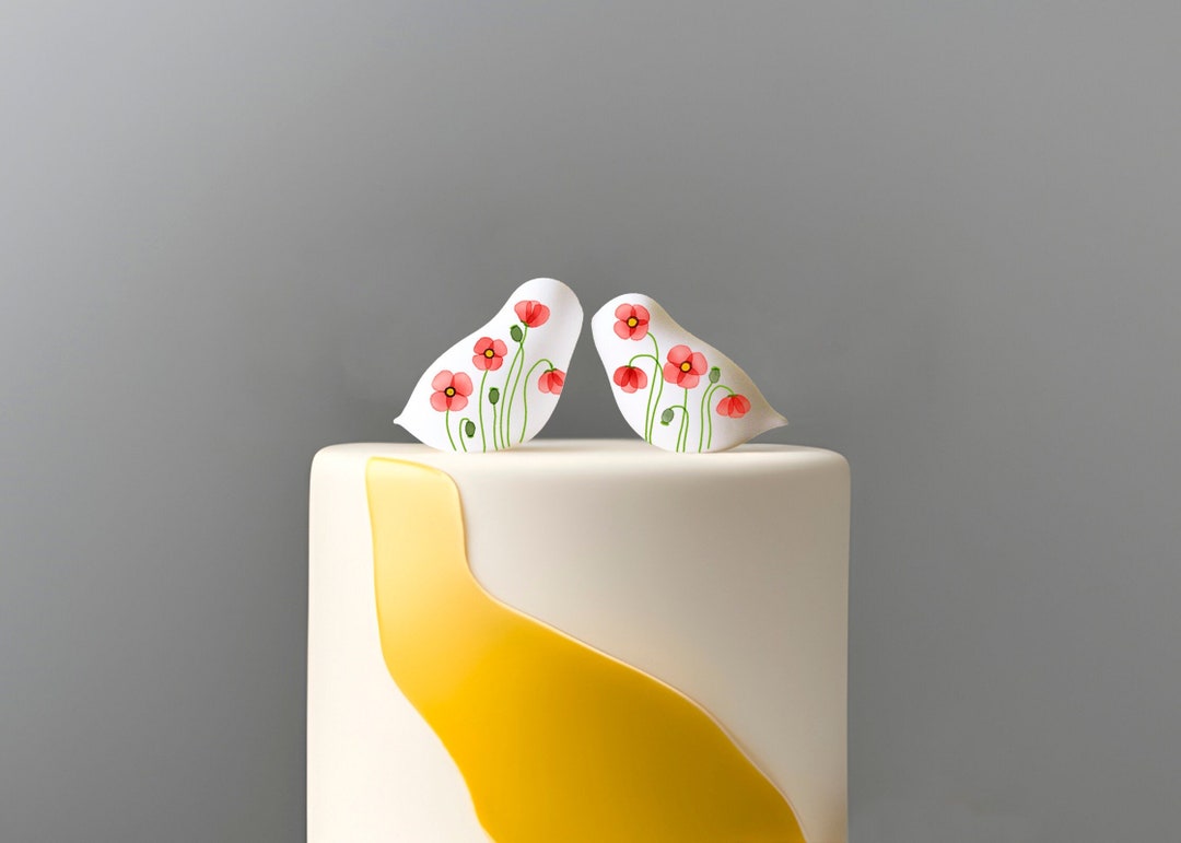 Poppy Love Birds Wedding Cake Topper Hand Painted Poppies Birds Bride ...