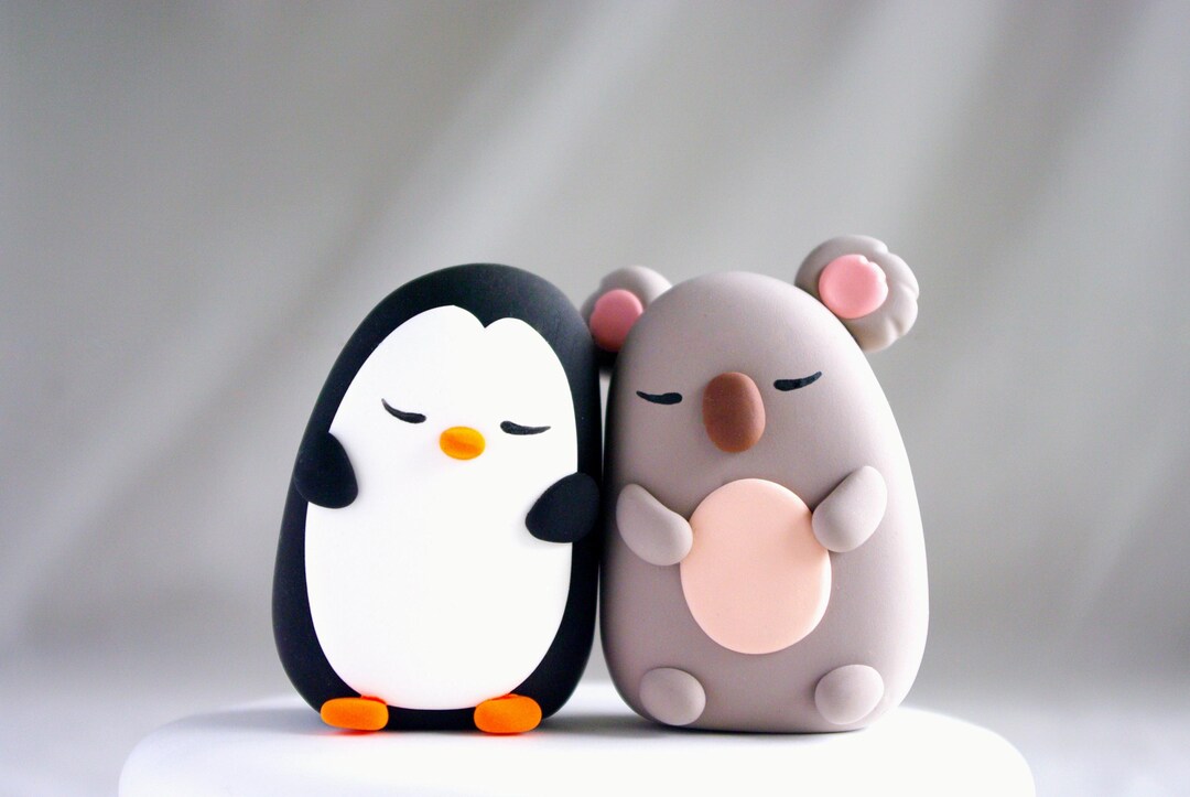 Handmade Penguin and Koala Wedding Cake Topper: Leaning Animals ...