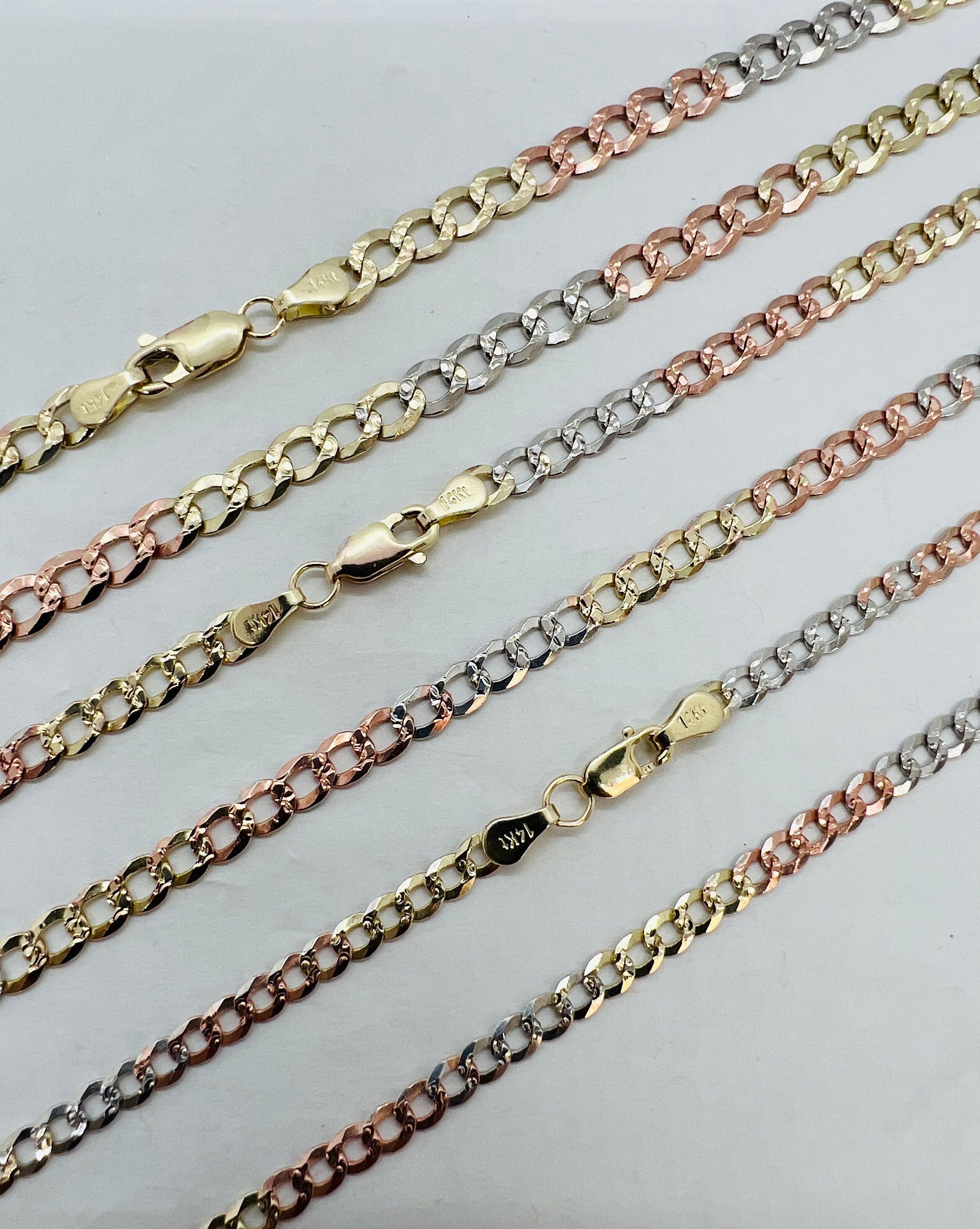 14k Solid Gold Tricolor Cuban Link Chain Women's Men's Diamond Cut ...