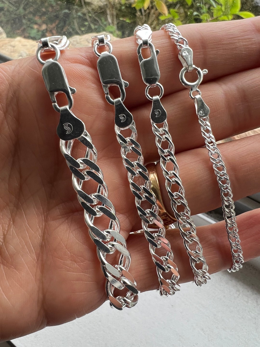 925 Sterling Silver Double Cuban Link Rombo Link Women's Men's Bracelet ...