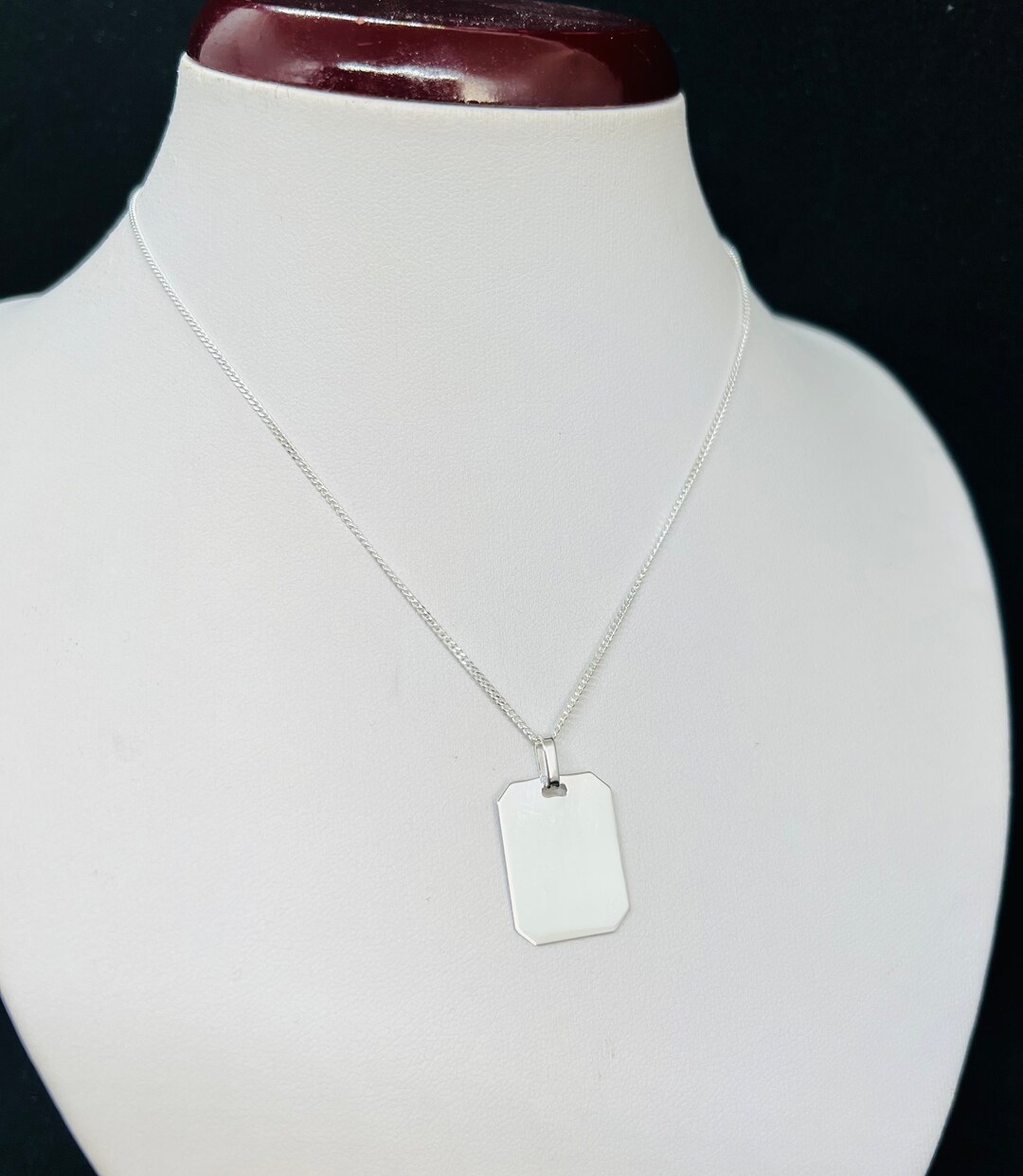 925 Sterling Silver Rectangle Disc Charm Pendant Cuban Link Chain ...