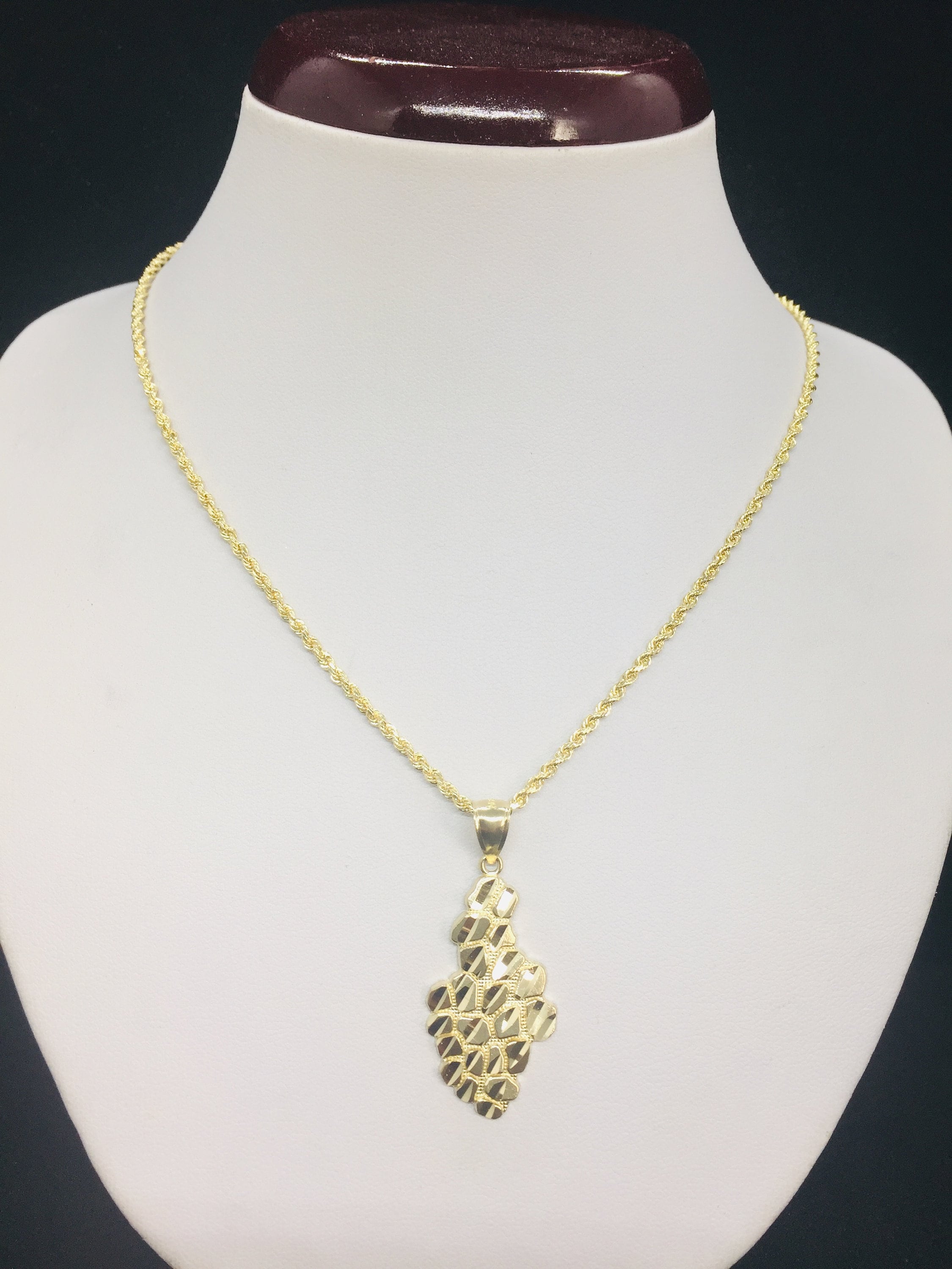 10k Solid Gold Nugget Pendant Necklace, Unisex Rope Chain - Etsy