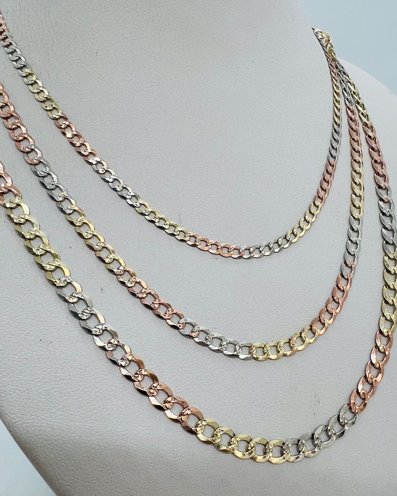 14k Solid Gold Tricolor Cuban Link Chain Women's Men's Diamond Cut ...