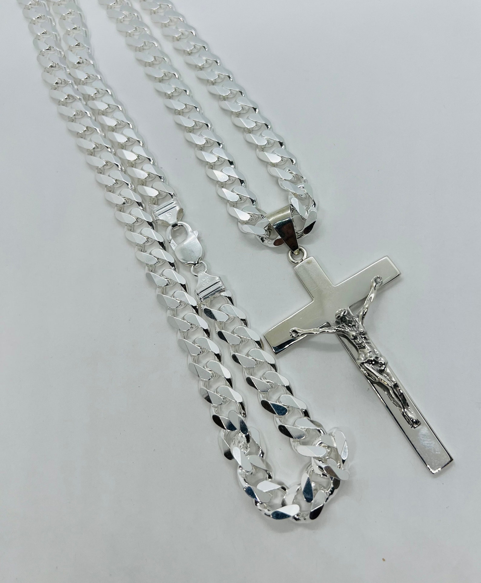 Large Crucifix 925 Sterling Silver With Cuban Curb Link Cross Necklace ...