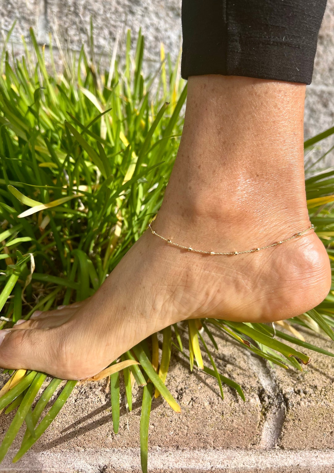 14k Solid Gold Anklet Women's Ankle Bracelet Rolo Link Beaded 2mm 9" 10 ...