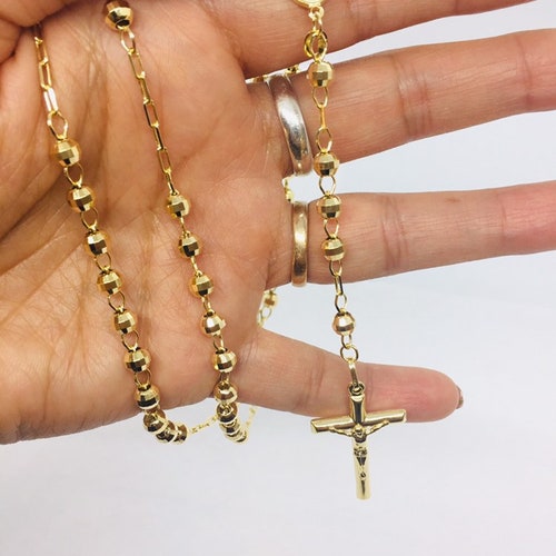 14K Solid Yellow Gold Rosary Necklace Crucifix - Etsy