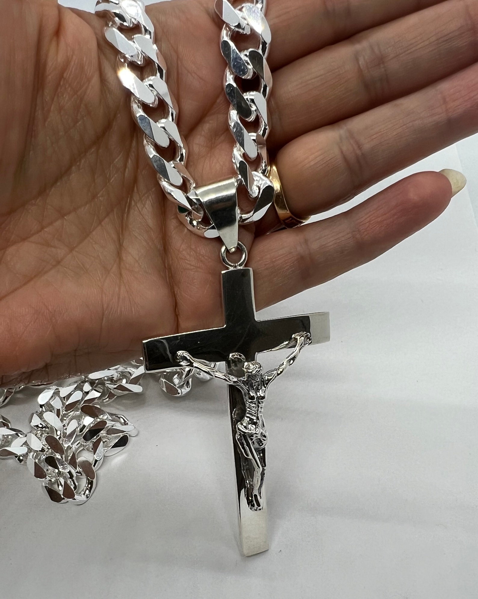 Large Crucifix 925 Sterling Silver With Cuban Curb Link Cross Necklace ...