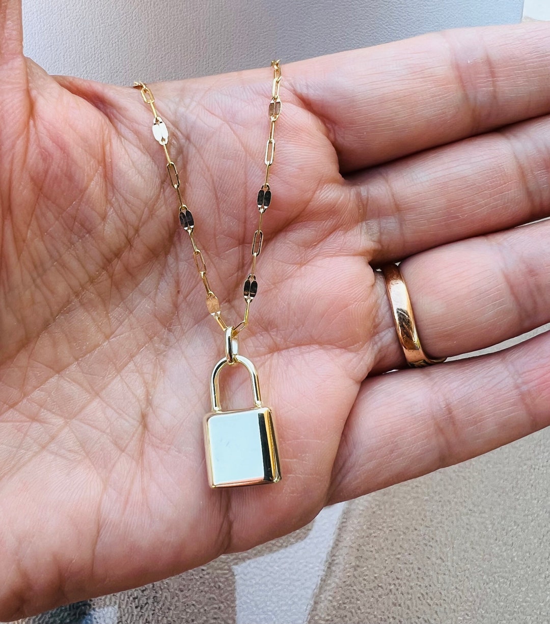 14k Solid Gold Padlock Pendant With Paper Clip Necklace. Minimalist ...
