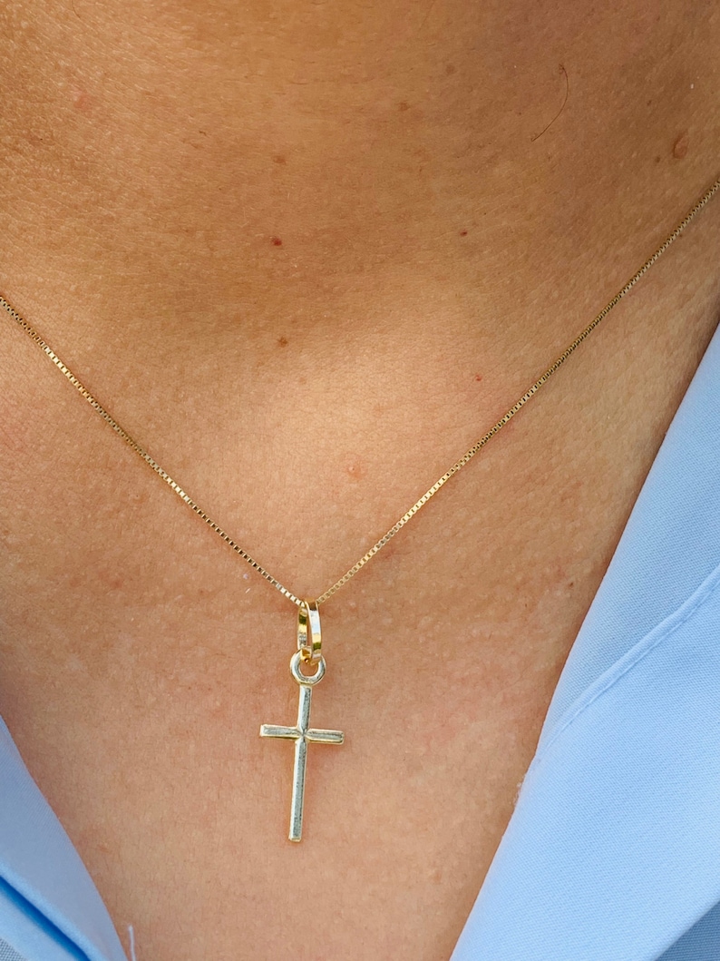 14k Solid Gold Cross Necklace: Minimalist Pendant, Box Chain - Etsy