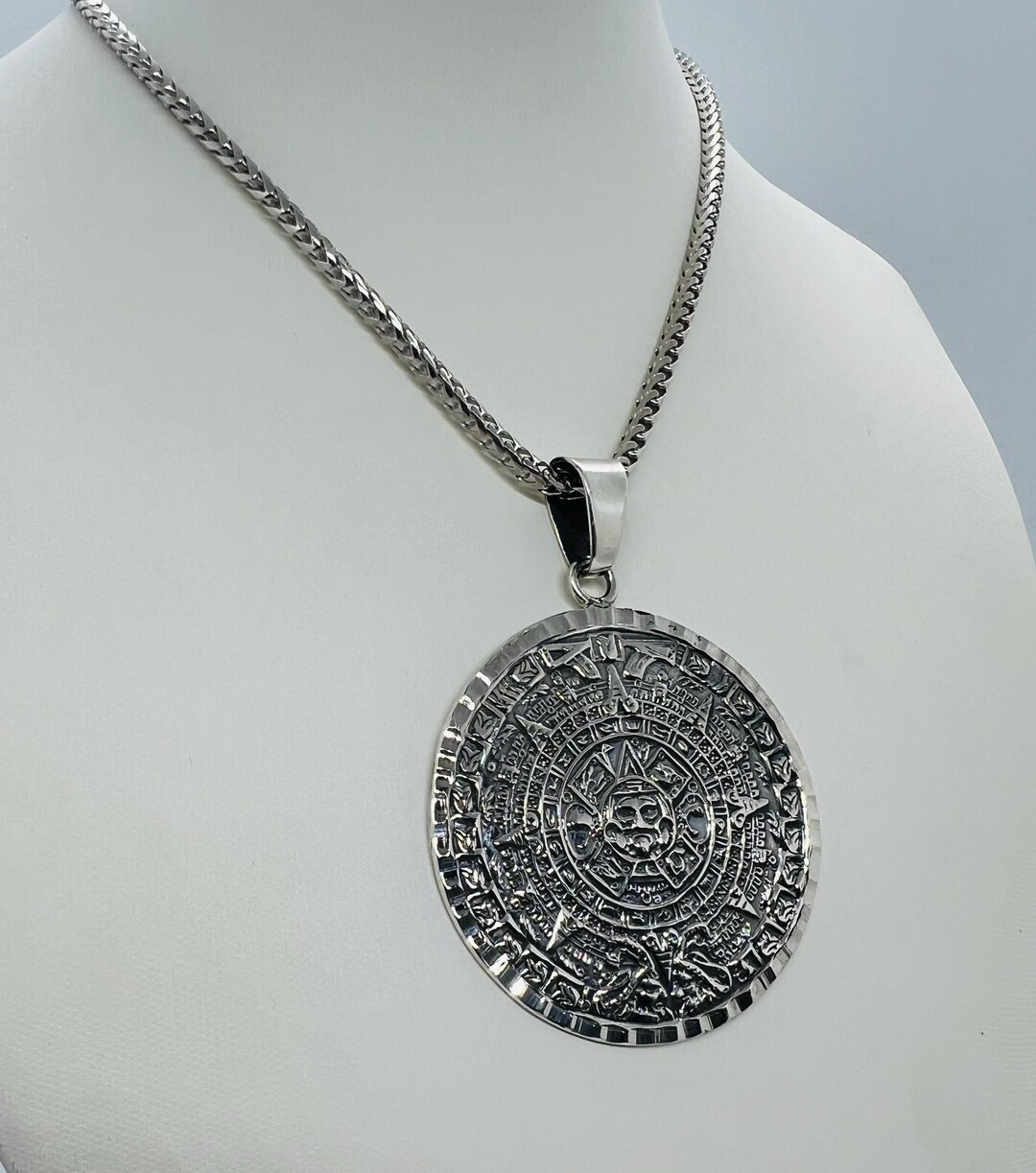 925 Sterling Silver Aztec Calendar Pendant Large Engravable Charm With ...