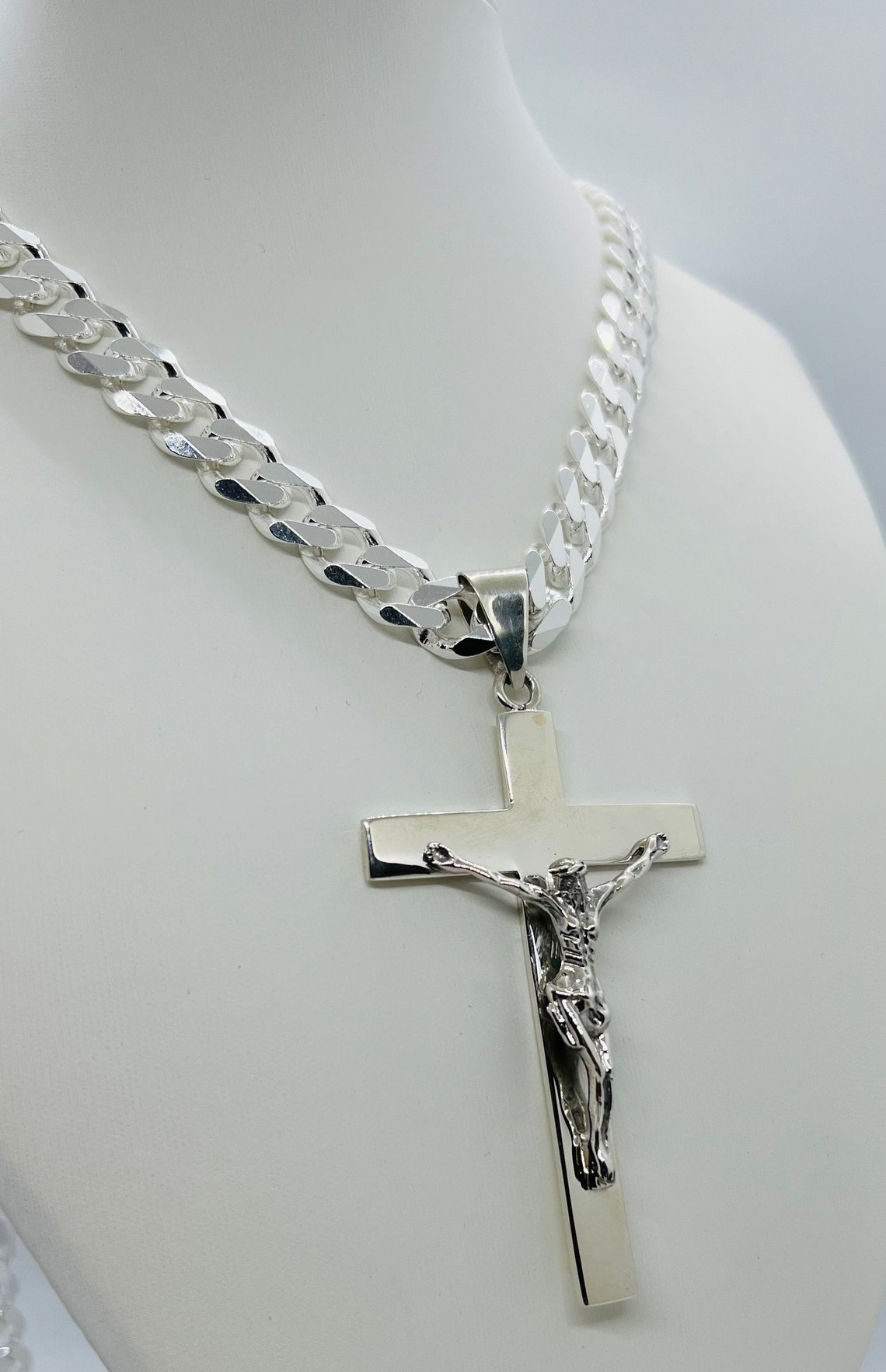 Large Crucifix 925 Sterling Silver With Cuban Curb Link Cross Necklace ...