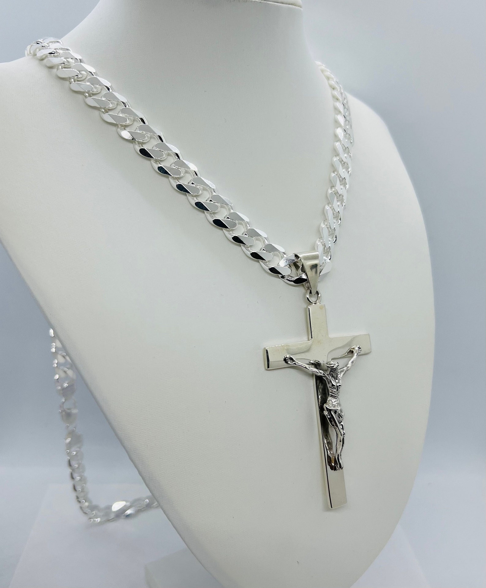 Large Crucifix 925 Sterling Silver With Cuban Curb Link Cross Necklace ...