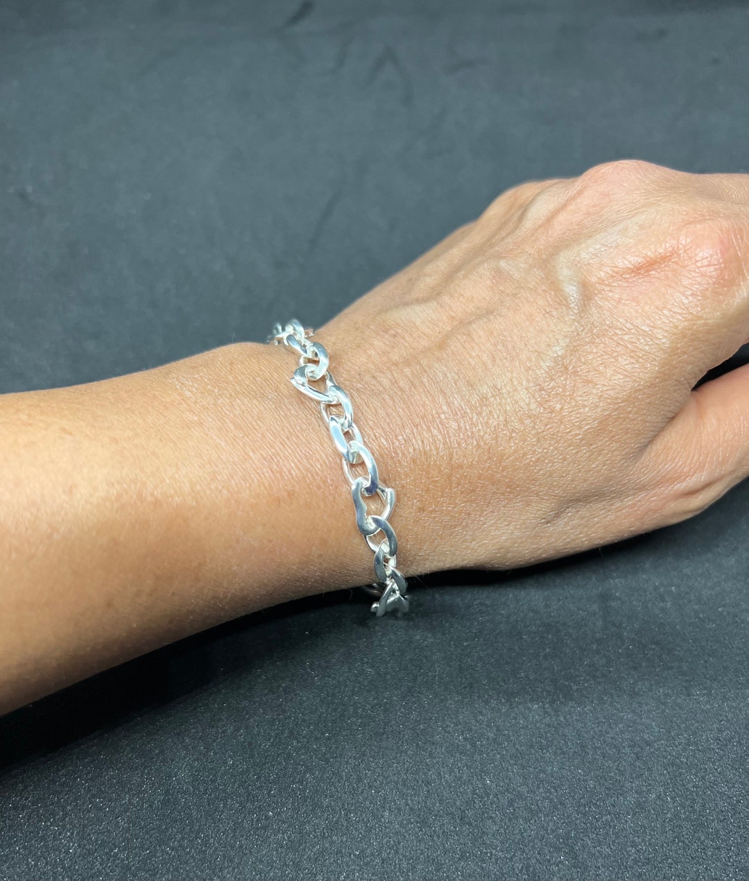 925 Sterling Silver Women's Heart Bracelet Bold Link Heavy Bracelet ...