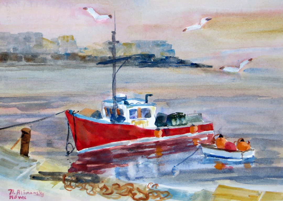 Watercolor Landscape, Original Art, Lobster Boat, Gloucester MA, Plein ...