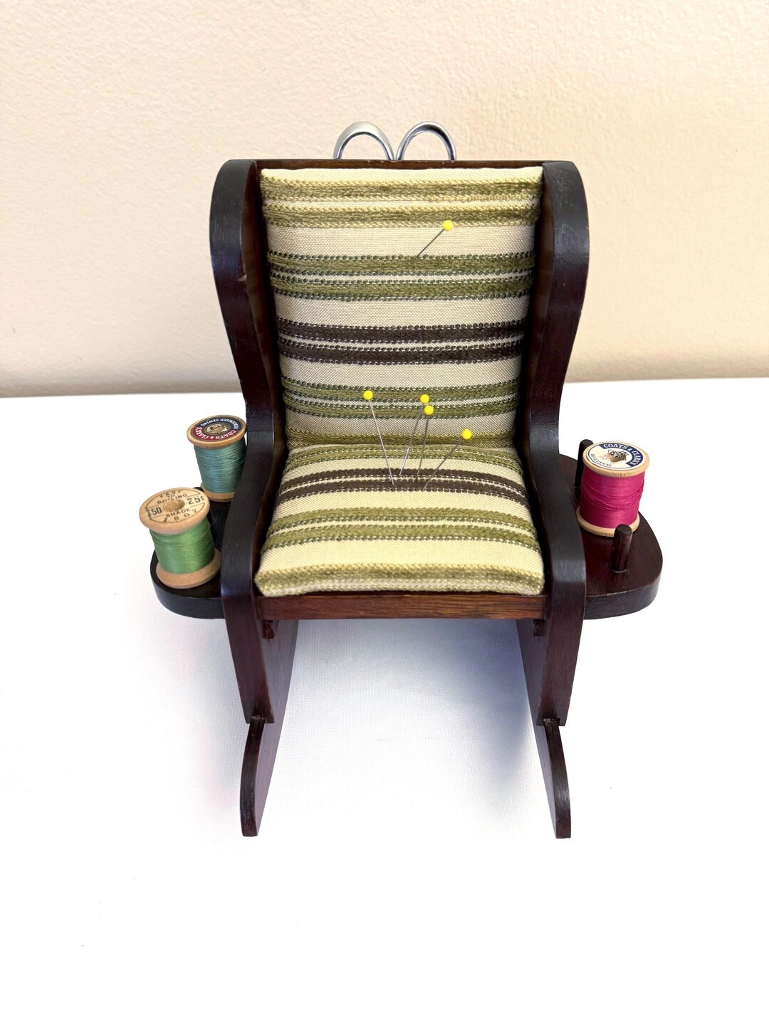 Vintage Wooden Pin Cushion Rocking Chair Notions Organizer Sewing Room ...