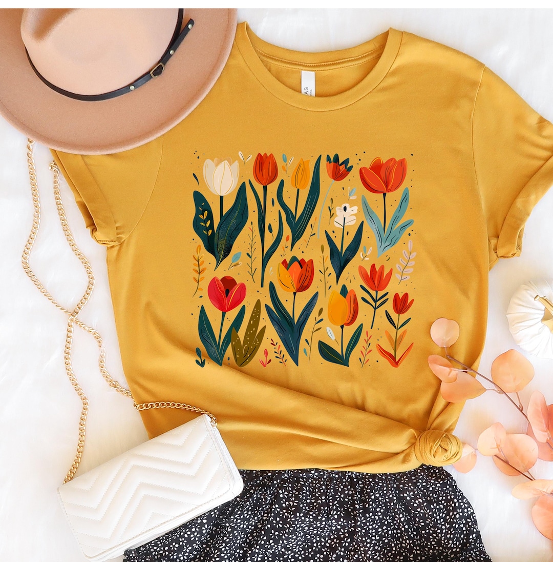 Boho Floral Shirt, Bold Tulip Shirt, Tulip Collage, Yellow Tulip Tee ...
