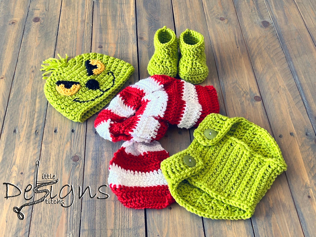 Grinch Inspired Crochet Baby Grinch Outfit, Grinch Hat, Grinch Diaper ...