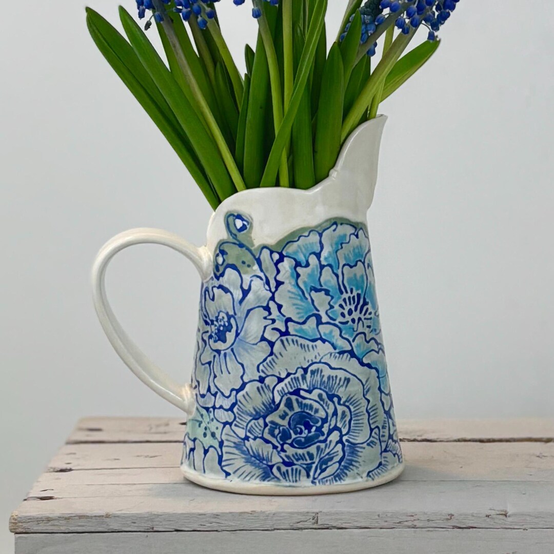Blue Flower Pitcher Medium A, Creamer, Ceramic Pitcher, Pottery Creamer ...