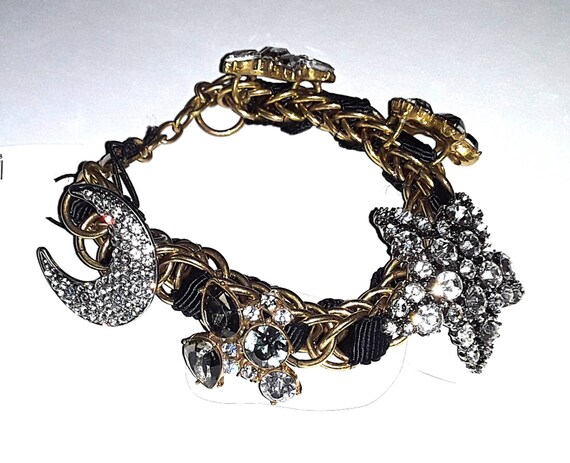 ANN TAYLOR Bracelet Moon and Stars Bracelet Metal Links With Rhinestones and Black Ribbon Mint Condition Etsy