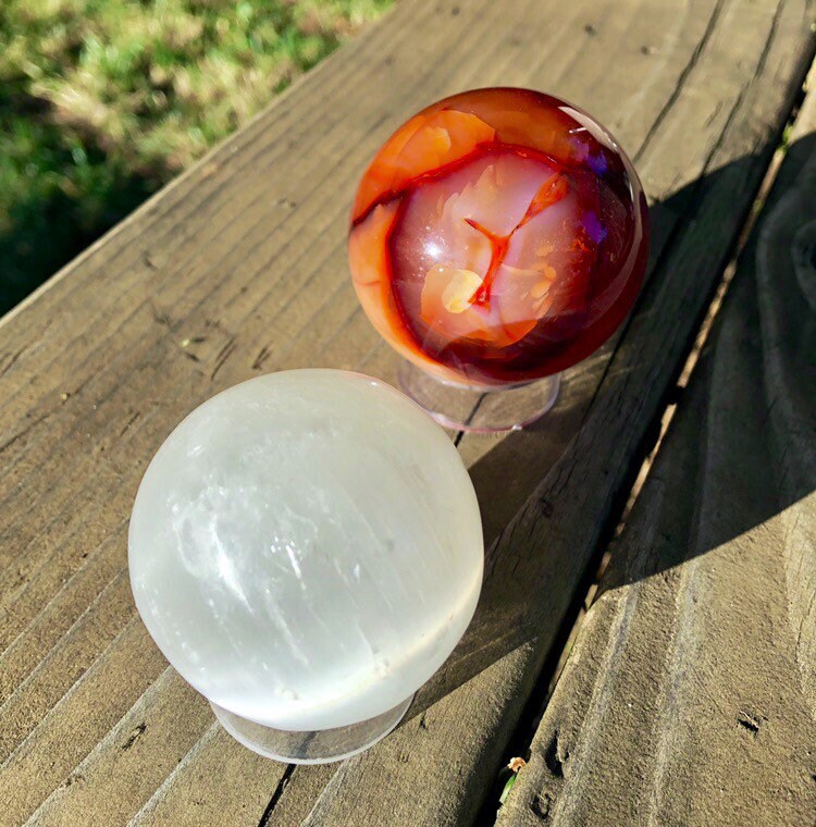 2 gemstone spheres Carnelian and Selenite all natural