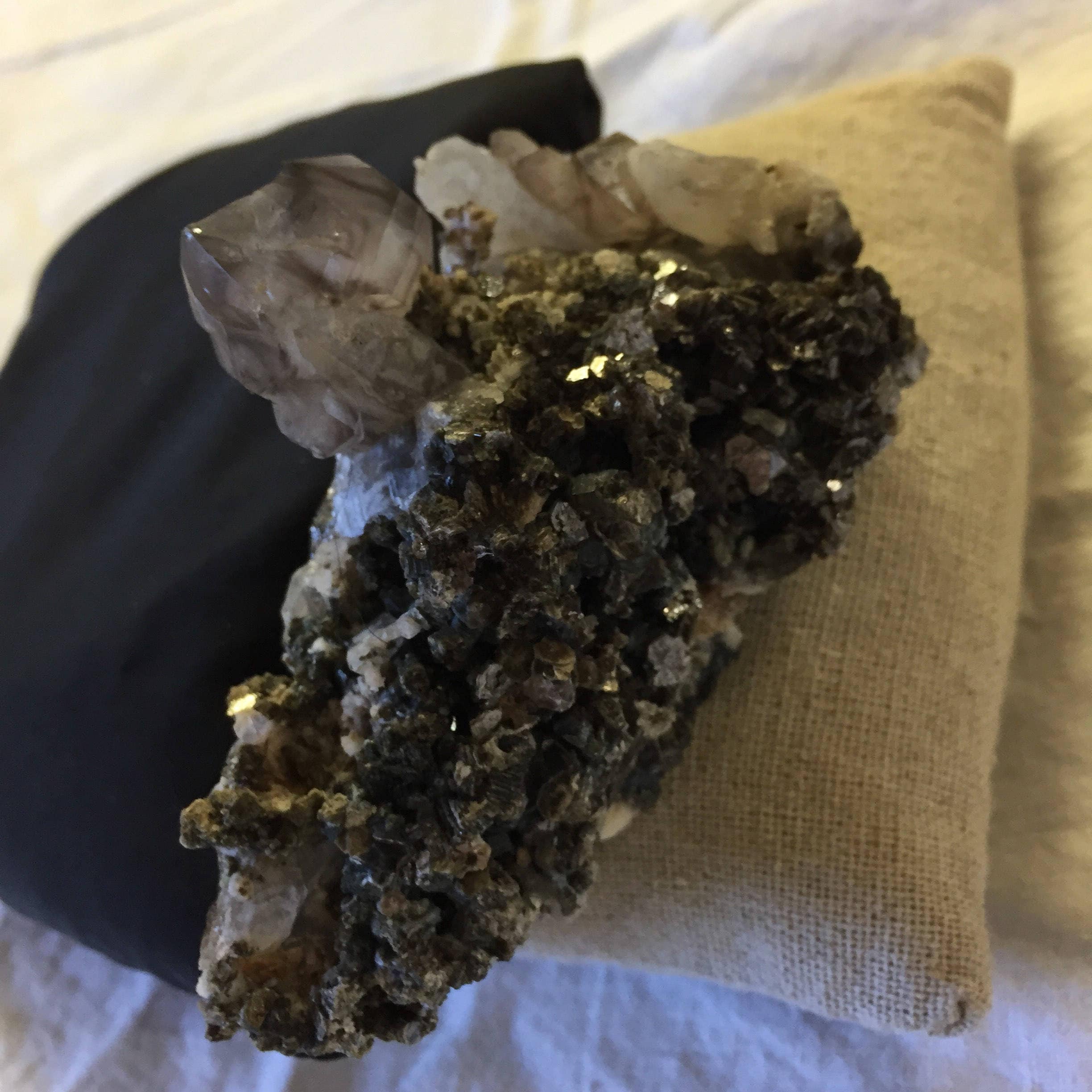 Elestial Skeletal Quartz on Mica and Calcite crystal cluster