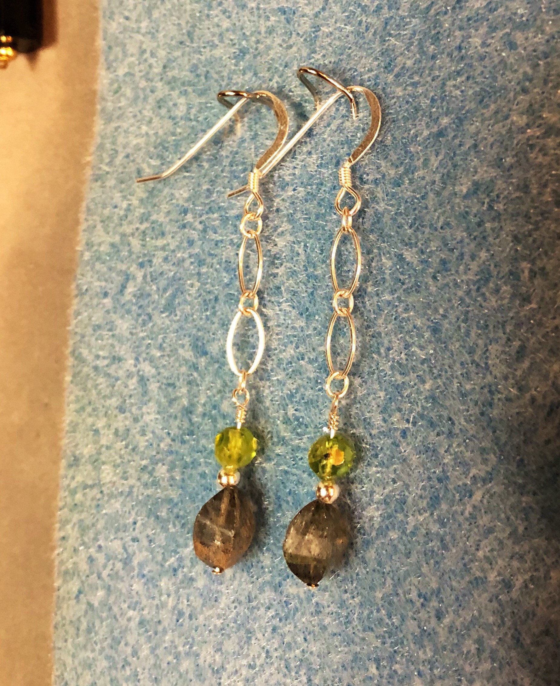 Labradorite , Peridot and Sterling Silver Chain Earrings