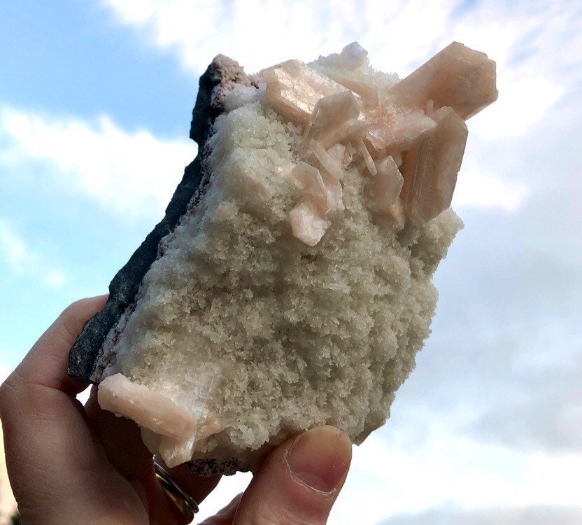 Peach Stilbite and Stalactic Chalcedony on matrix large crystal cluster ...