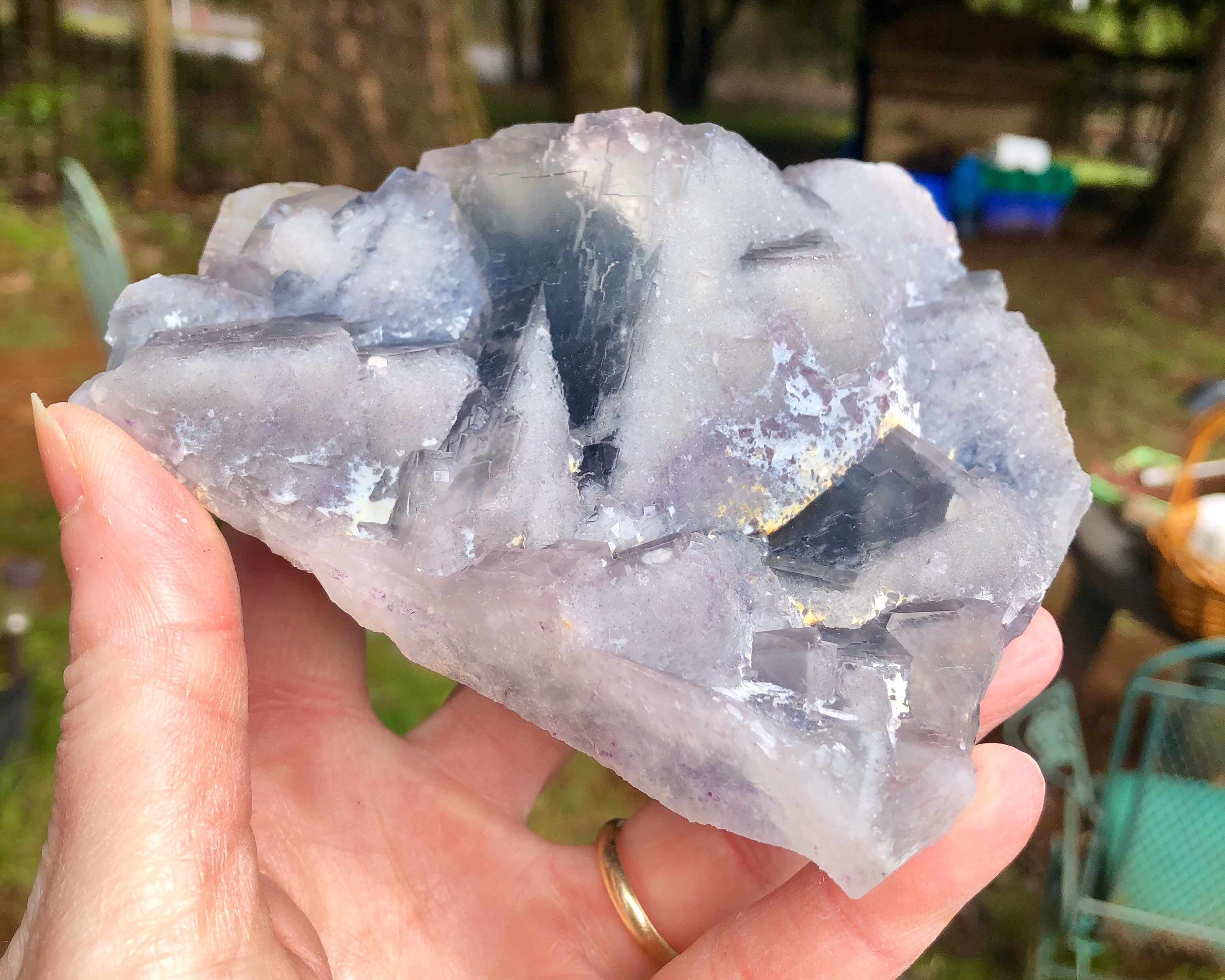 742g Big Blue Cubic Pyramid Fluorite With Lavender Druzy Quartz Crystal ...