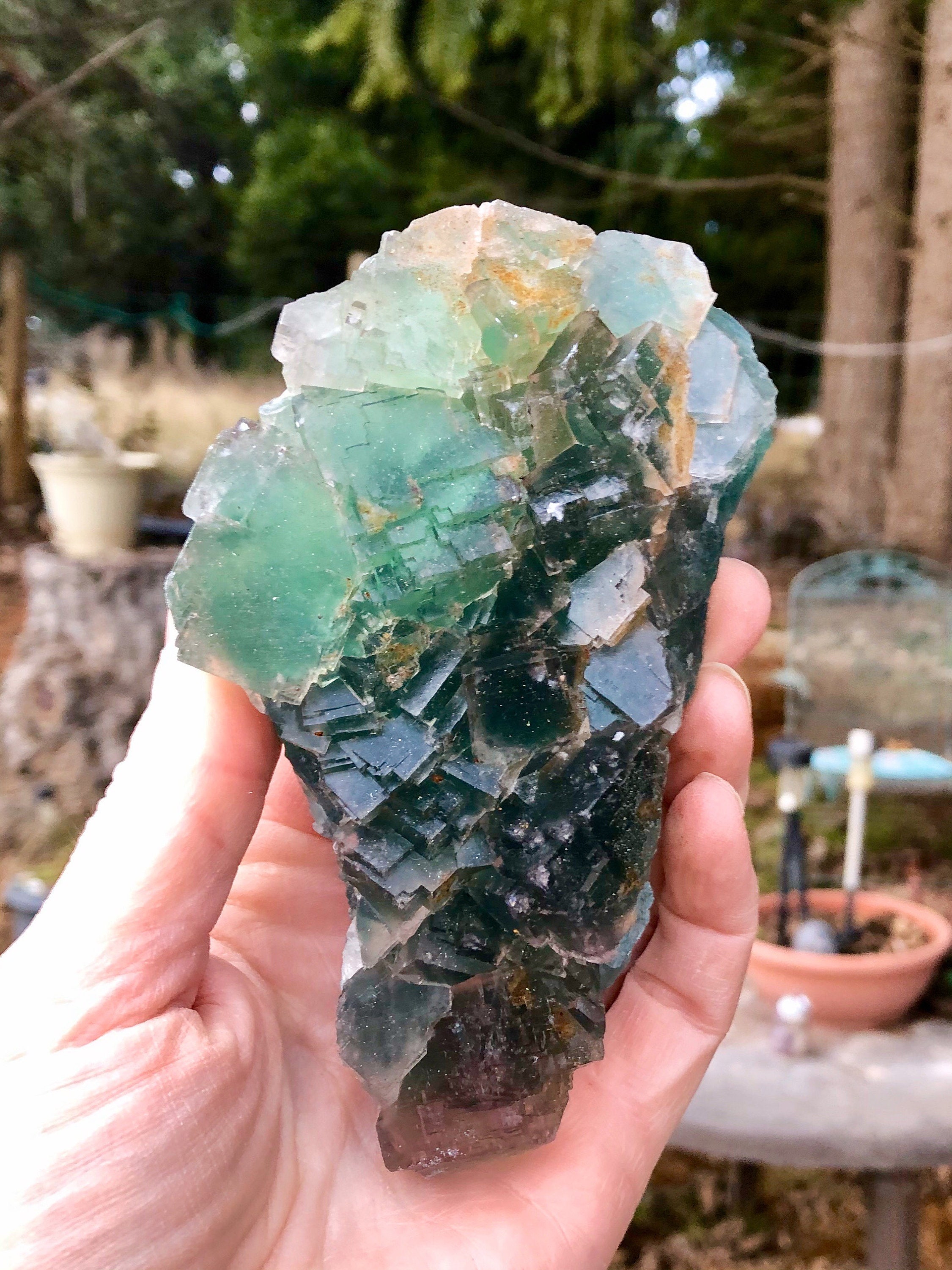 486g Green Cubic Ladder Fluorite Crystal Cluster Mineral Specimen
