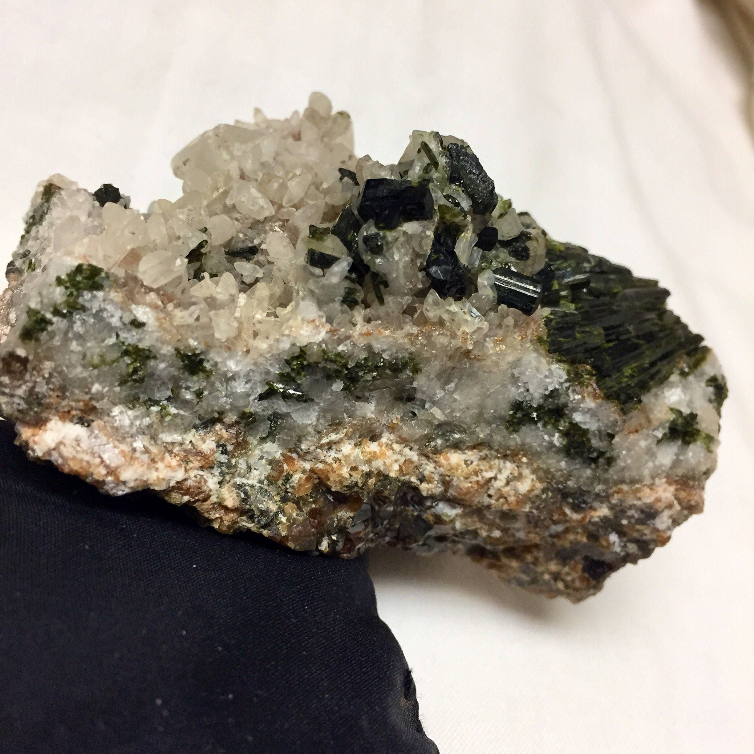 Gemmy Epidote cluster on Calcite matrix specimen