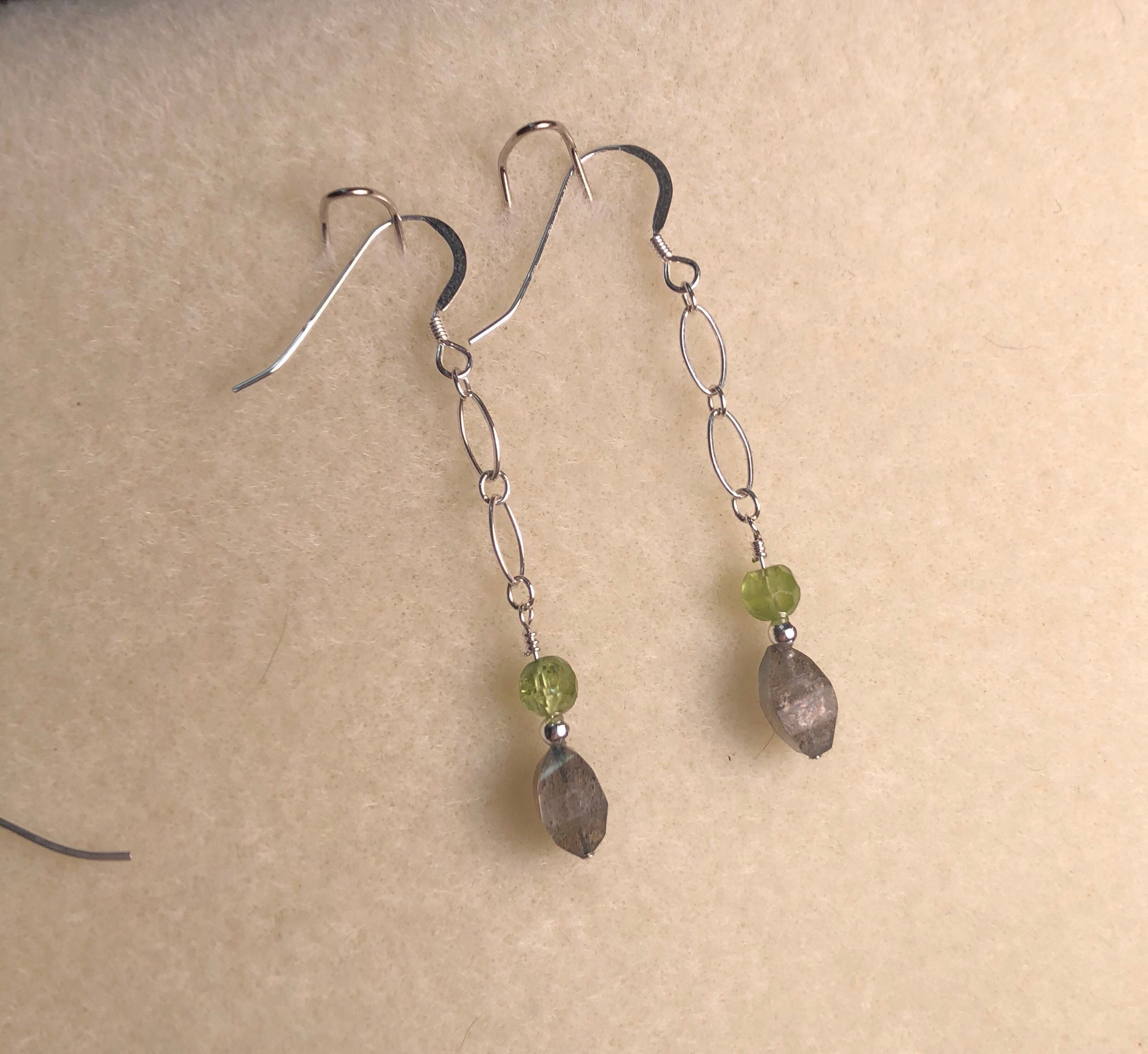 Labradorite , Peridot and Sterling Silver Chain Earrings