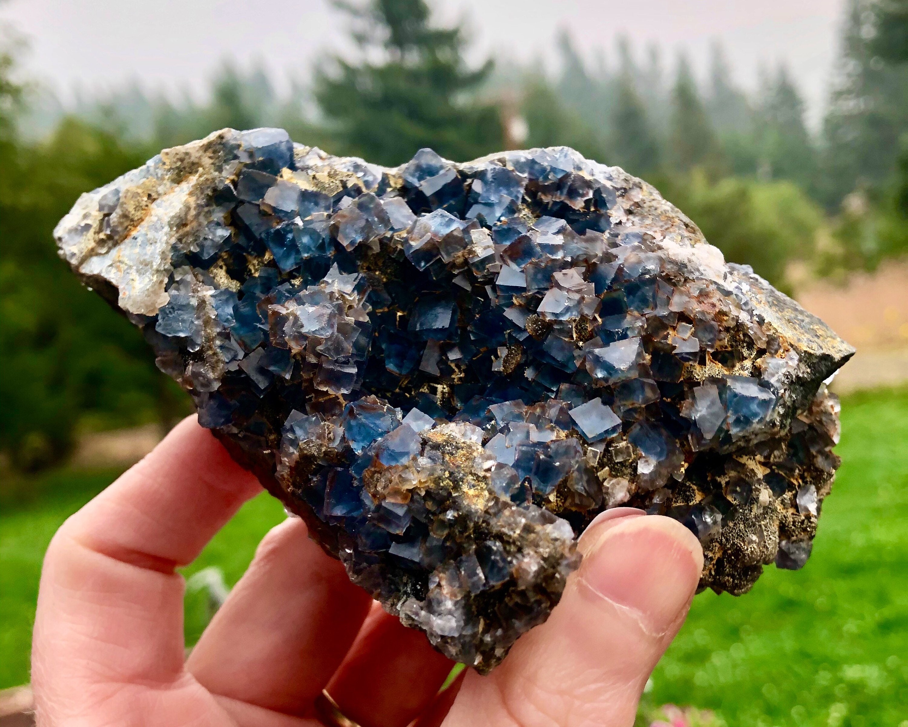 337g Dual Sided Blue Cubic Fluorite On Druzy Smoky Quartz Crystal ...