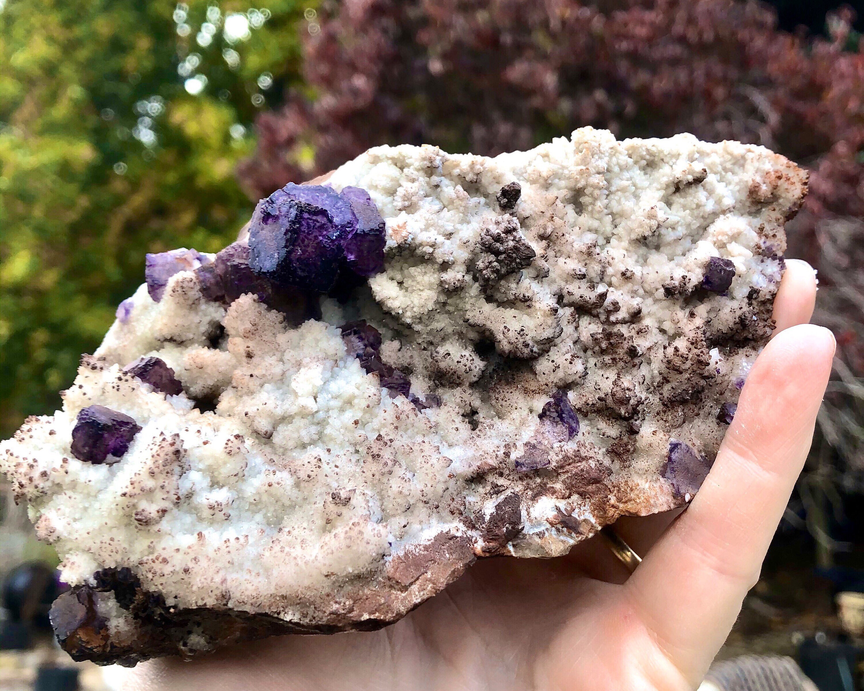 850g Crystal Cluster with Dark Purple Cubic Fluorite on White Stalactic ...