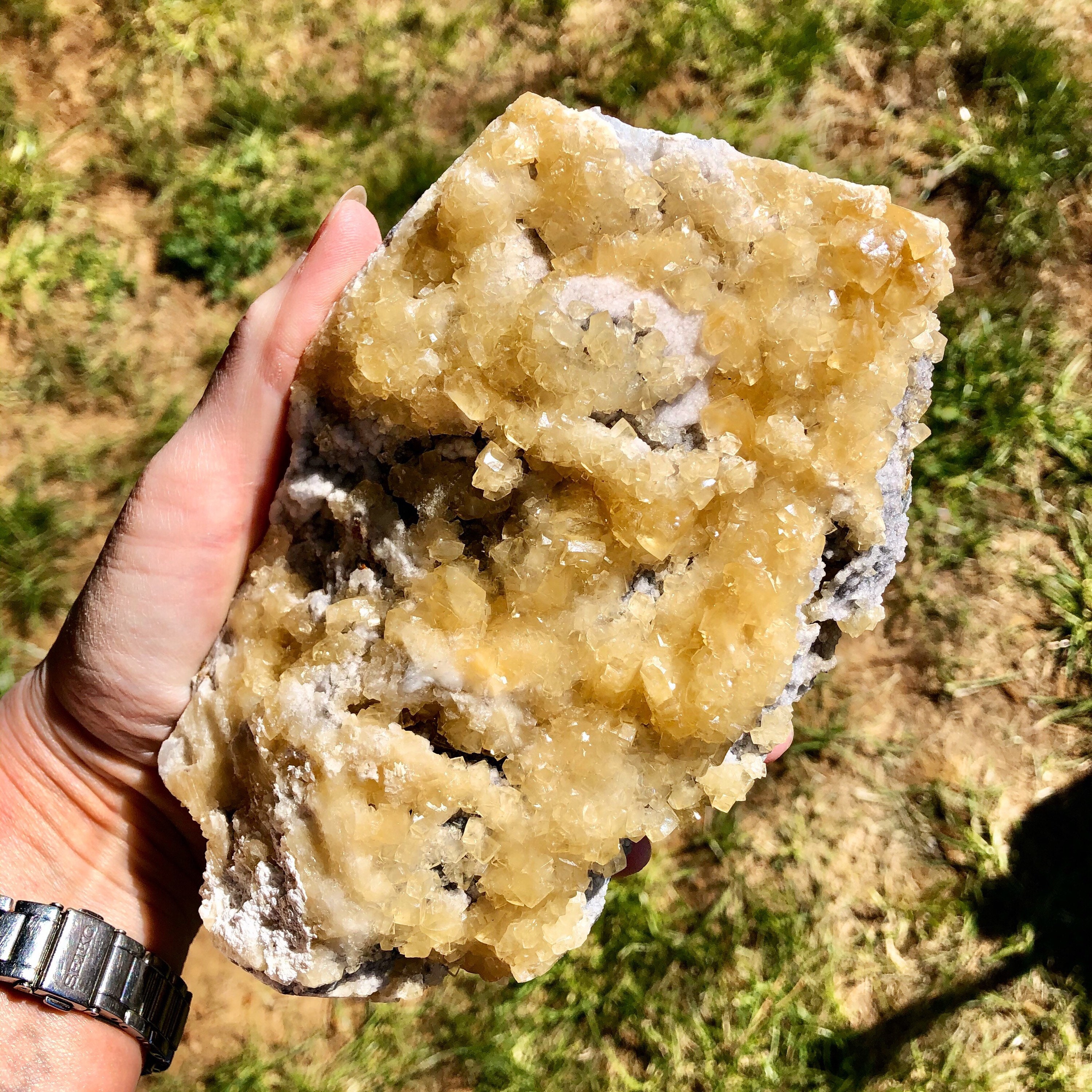 2.48 lbs Large Yellow Cubic Calcite Crystal Cluster On Botryoidal White ...