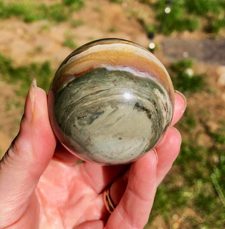 55MM Polychrome Jasper Sphere or Ball in green gray orange gold beige