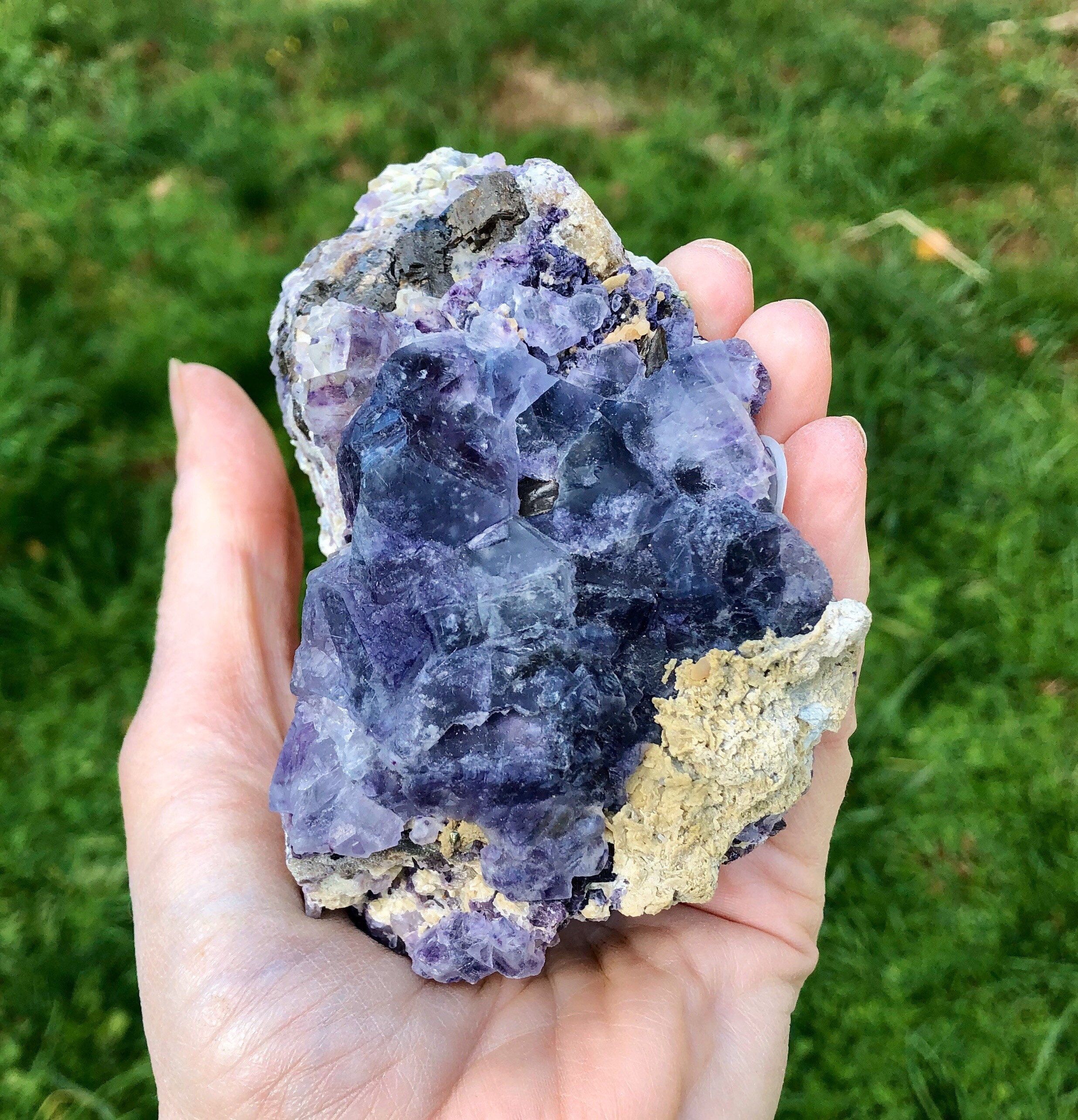 410g Purple Fluorite and Pyrite on White Radiating Pyrophyllite Crystal ...