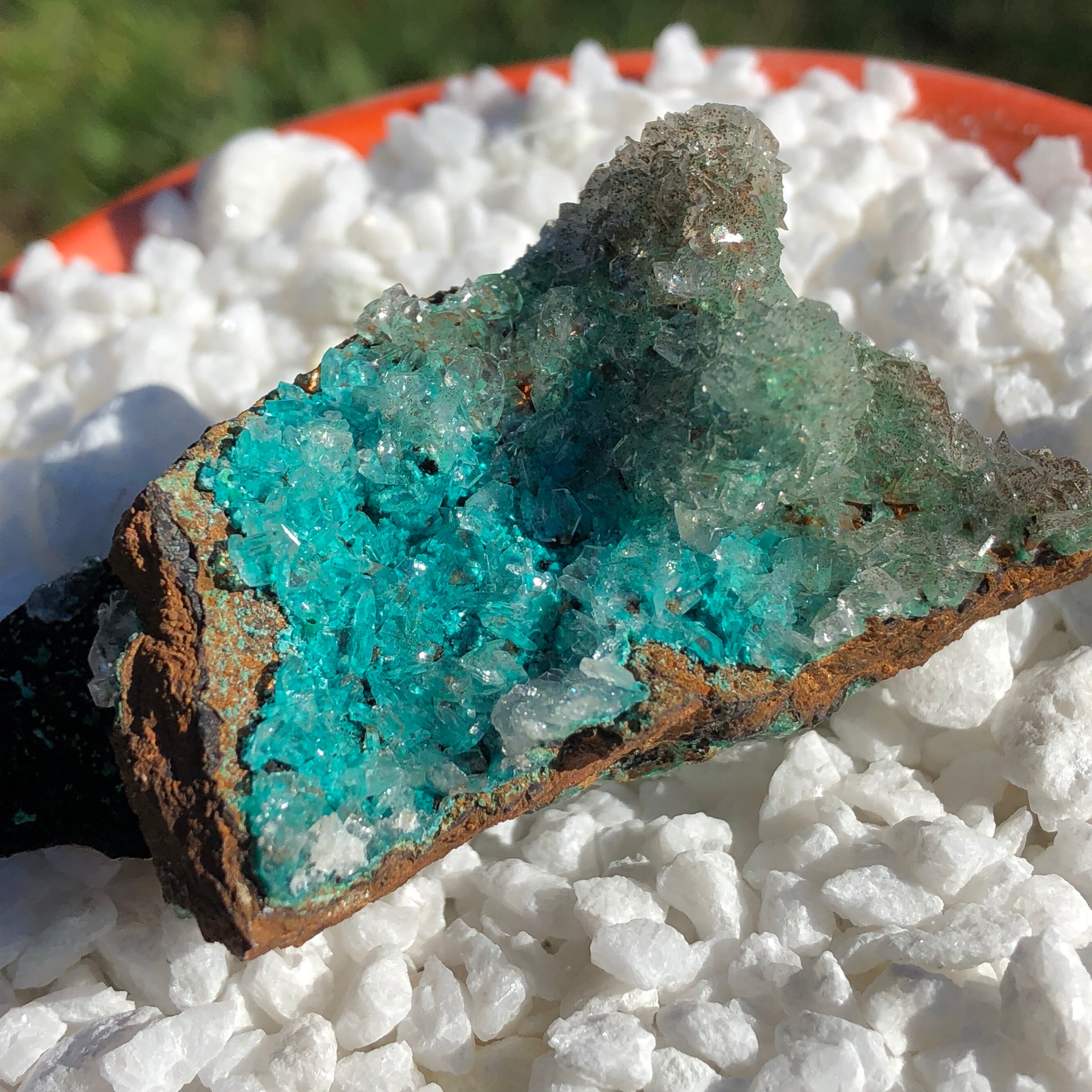 Adamite Druzy crystal cluster in blue and green on matrix