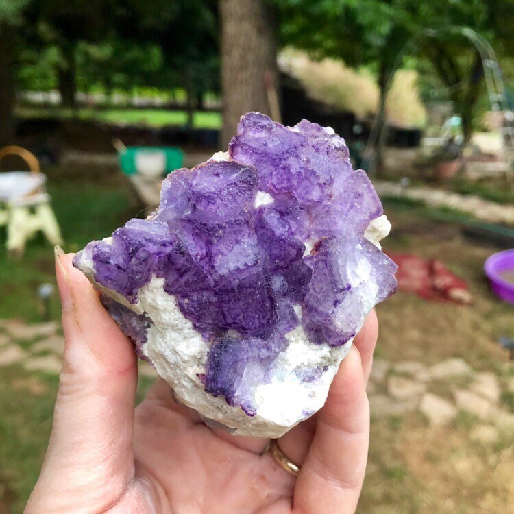 304g Purple Cubic Fluorite Crystal Cluster Mineral Specimen on White Matrix