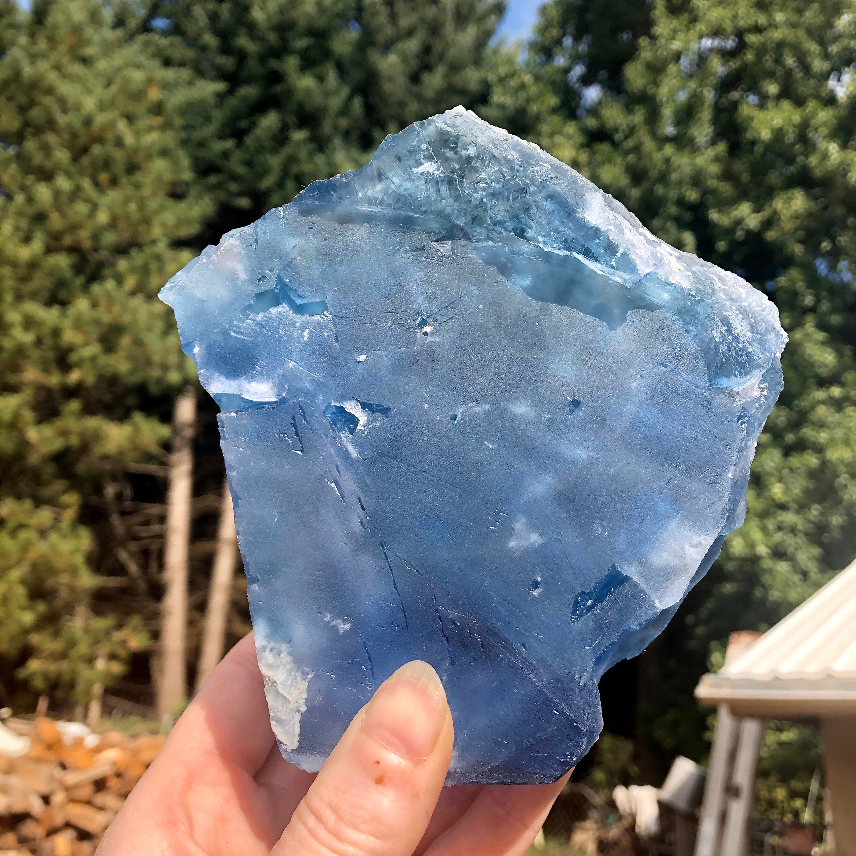 Large Standing Blue Transparent Fluorite with White Calcite Dendrites ...