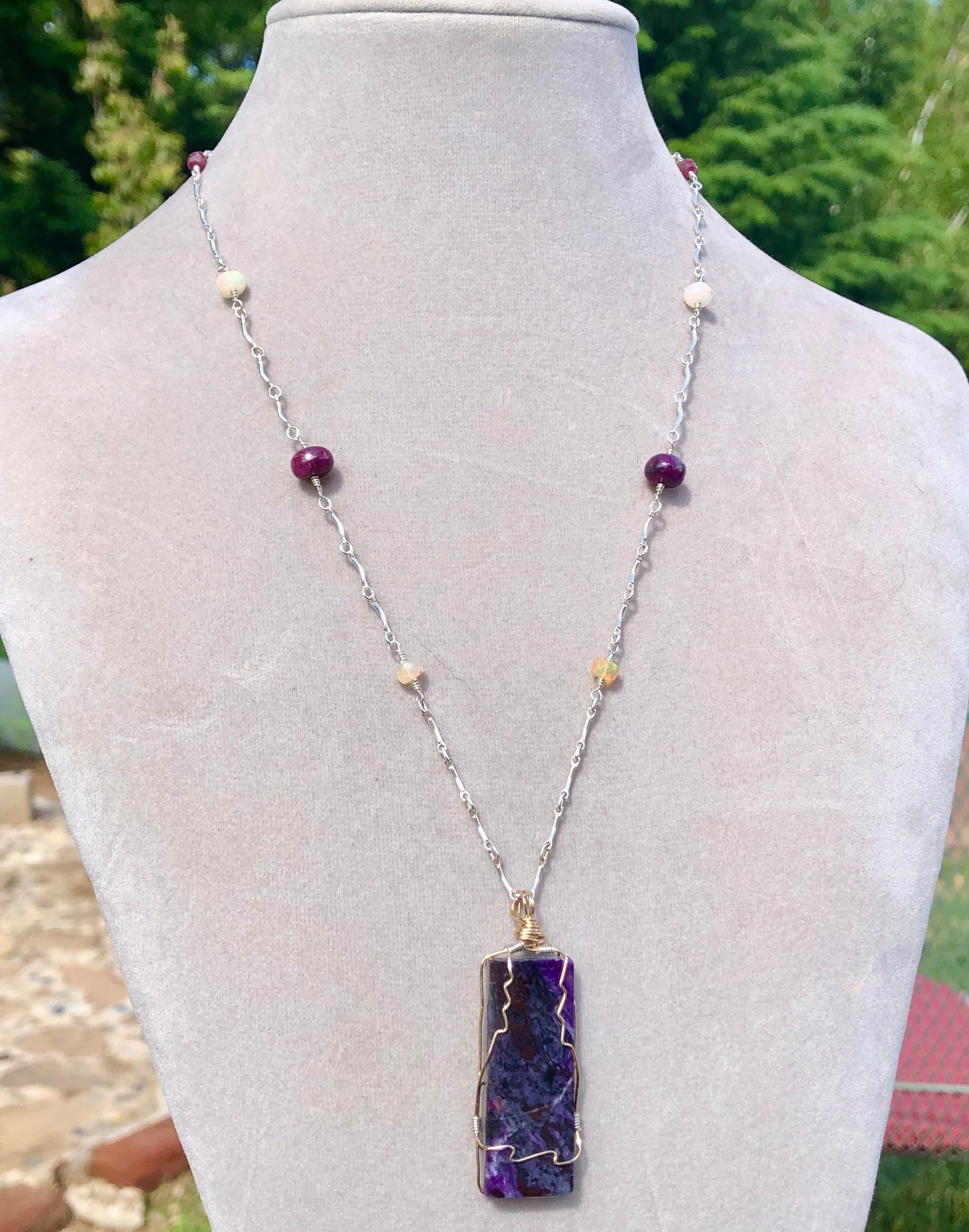 Sugilite Necklace With Ethiopian Opal Ruby Kyanite Sterling Silver Bar ...