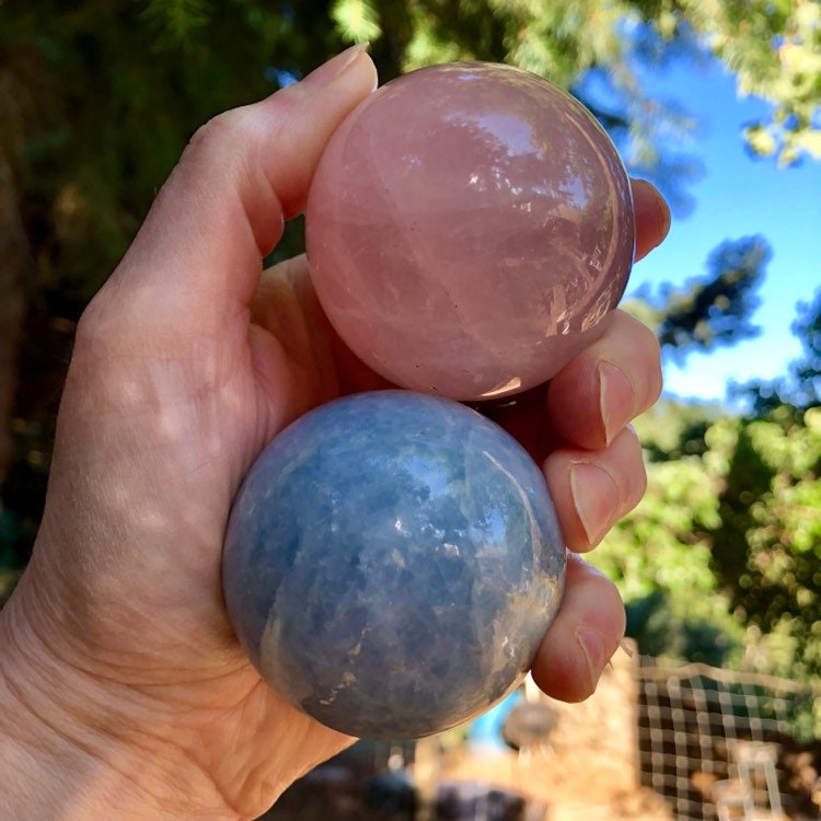 2 Spheres all natural gemstone Rose Quartz and Celestiteor Celestine