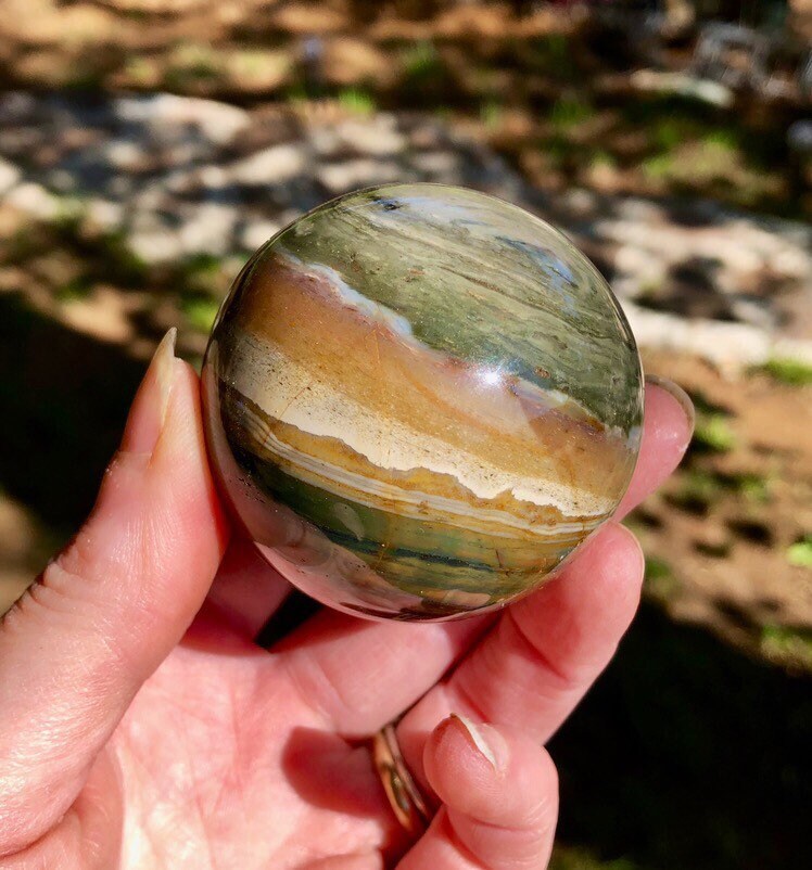 55MM Polychrome Jasper Sphere or Ball in green gray orange gold beige