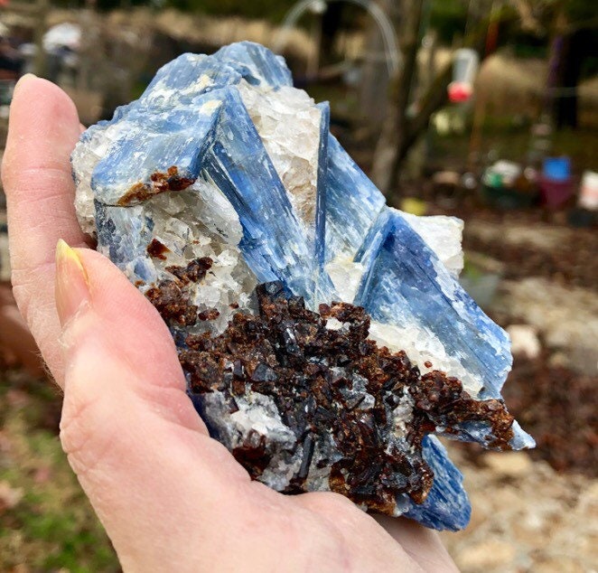 Large Blue and White Kyanite Crystal Cluster with Red Almandine Garnet
